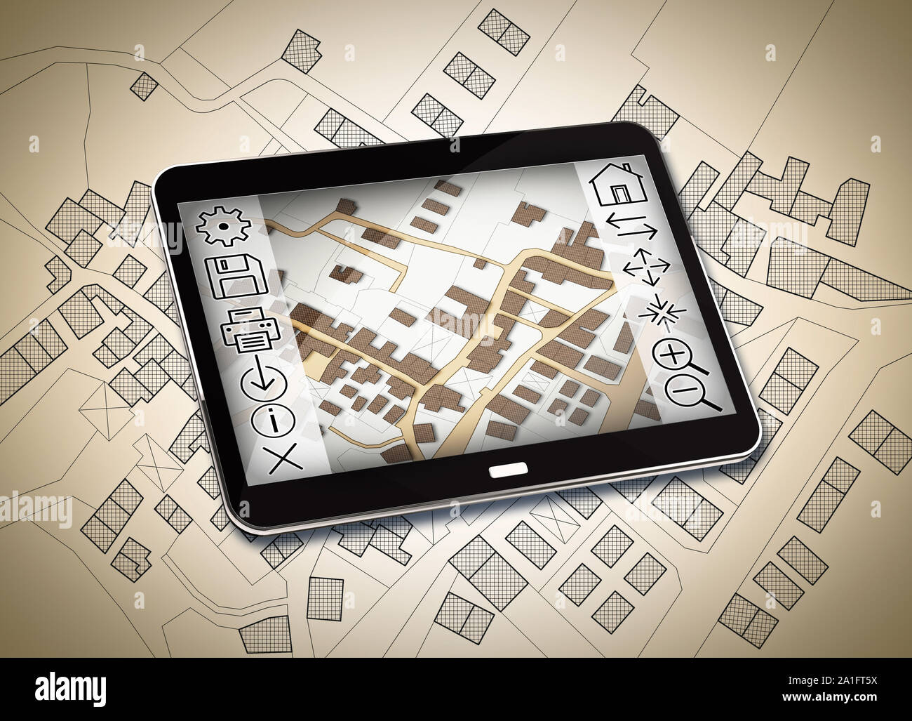 Imaginary cadastral map of territory with buildings, roads and land ...