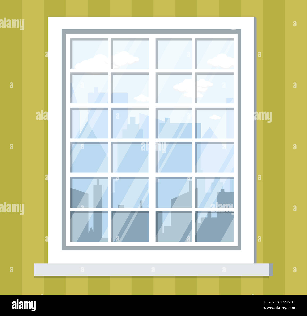 Big glass window with skyscraper view, office interior with look at ...