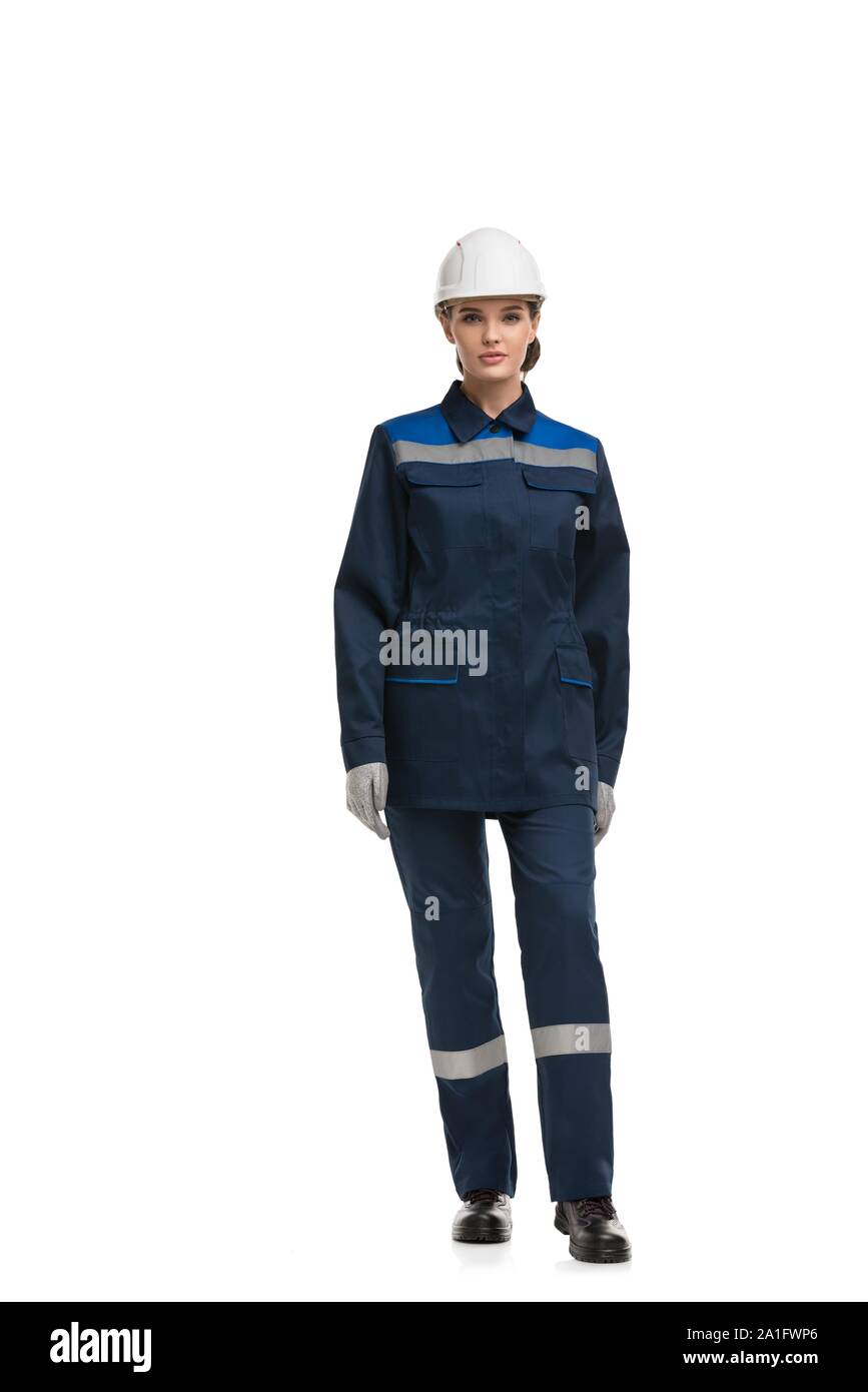 Pretty girl in blue working clothes isolated view Stock Photo - Alamy