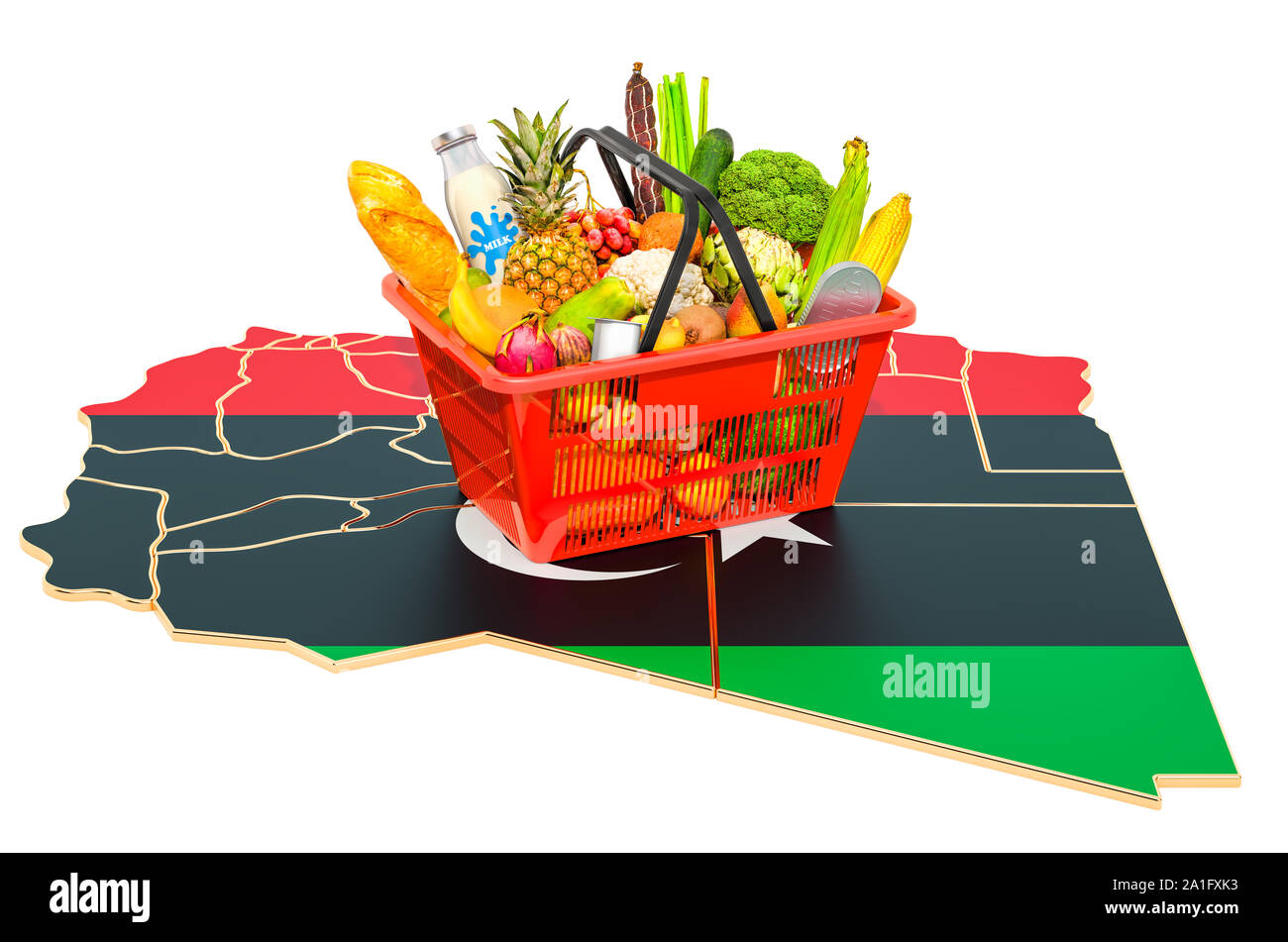 Market basket or purchasing power in Libya concept. Shopping basket with Libyan map, 3D ...