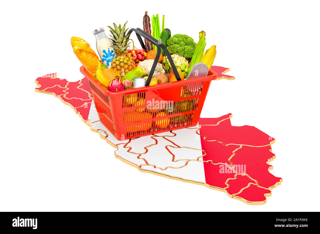 Market basket or purchasing power in Peru concept. Shopping basket with ...