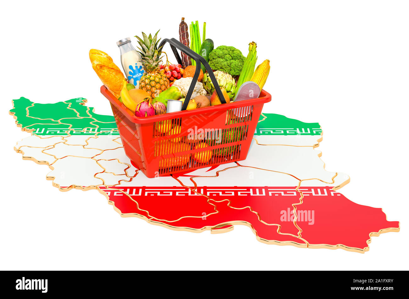 Market basket or purchasing power in Iran concept. Shopping basket with ...