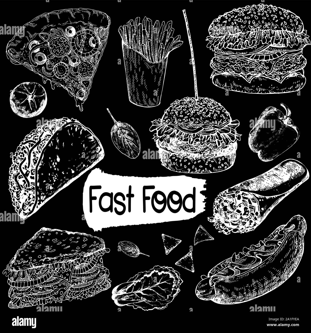 Set of hand drawn sketch style fast food isolated on black background ...