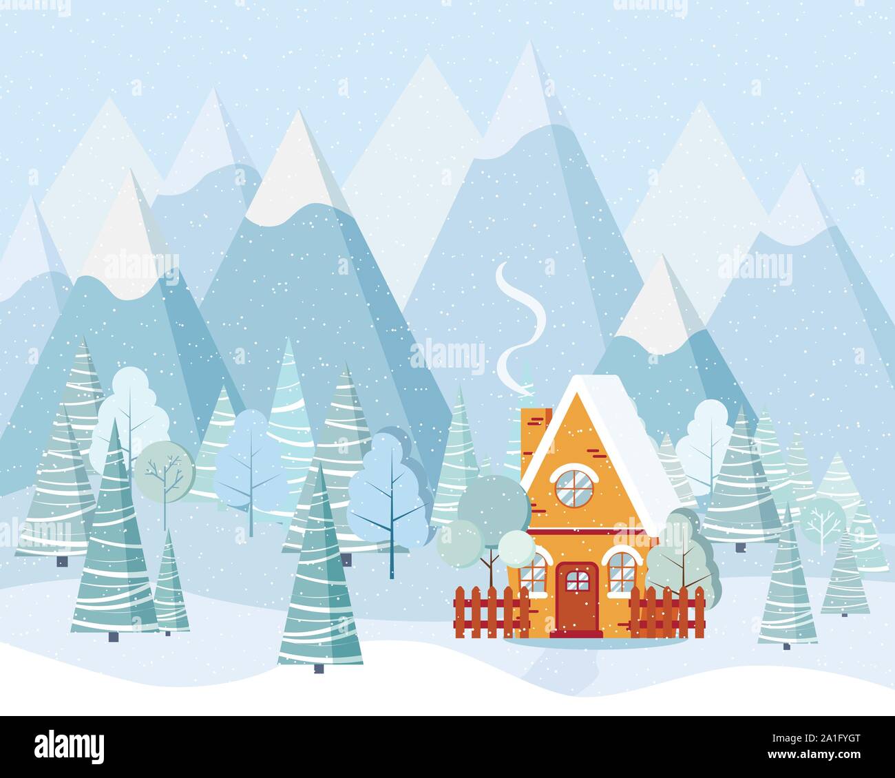 Winter landscape with country house, winter trees, spruces, mountains ...