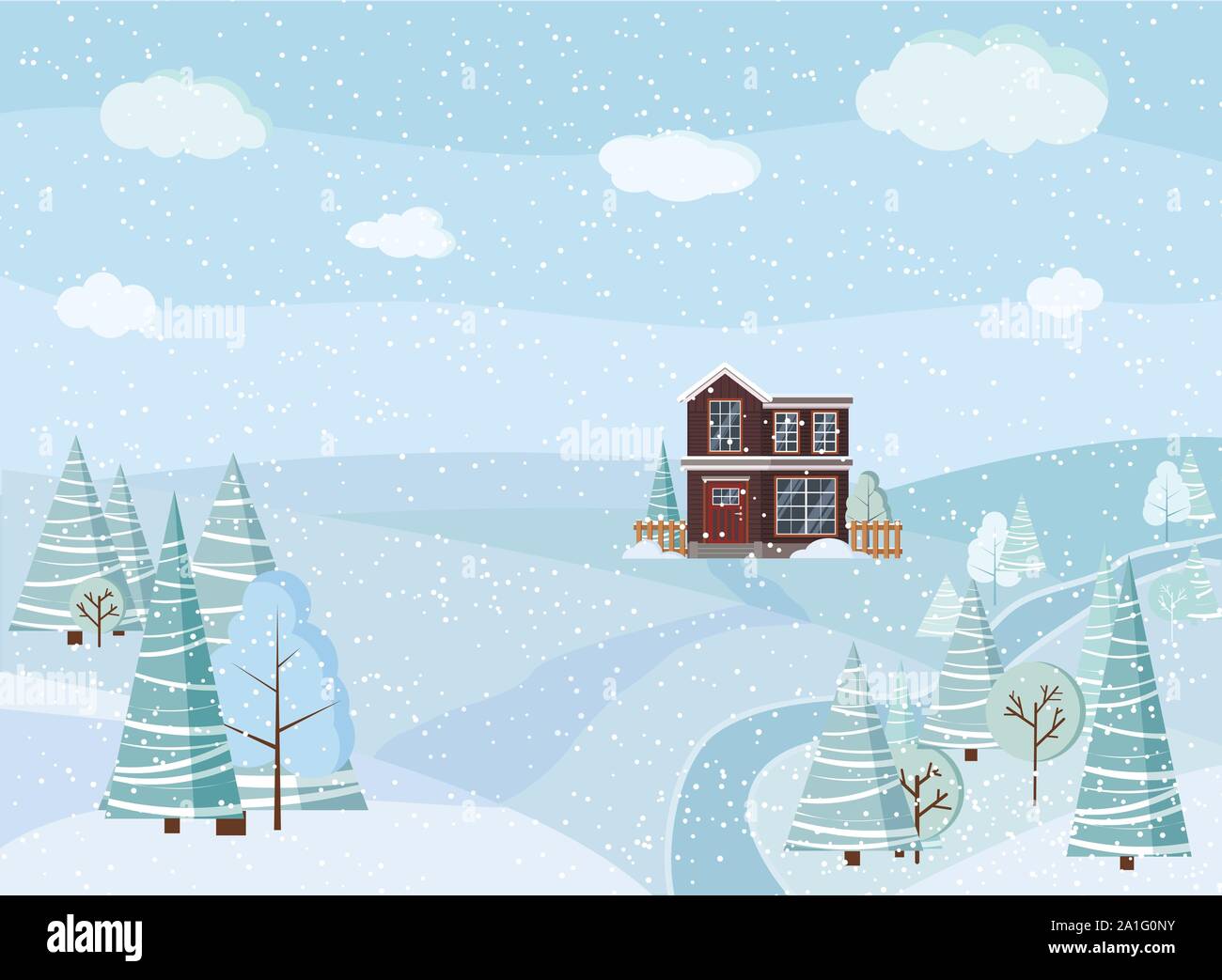 Winter landscape scene with country two storey farm house, winter trees ...