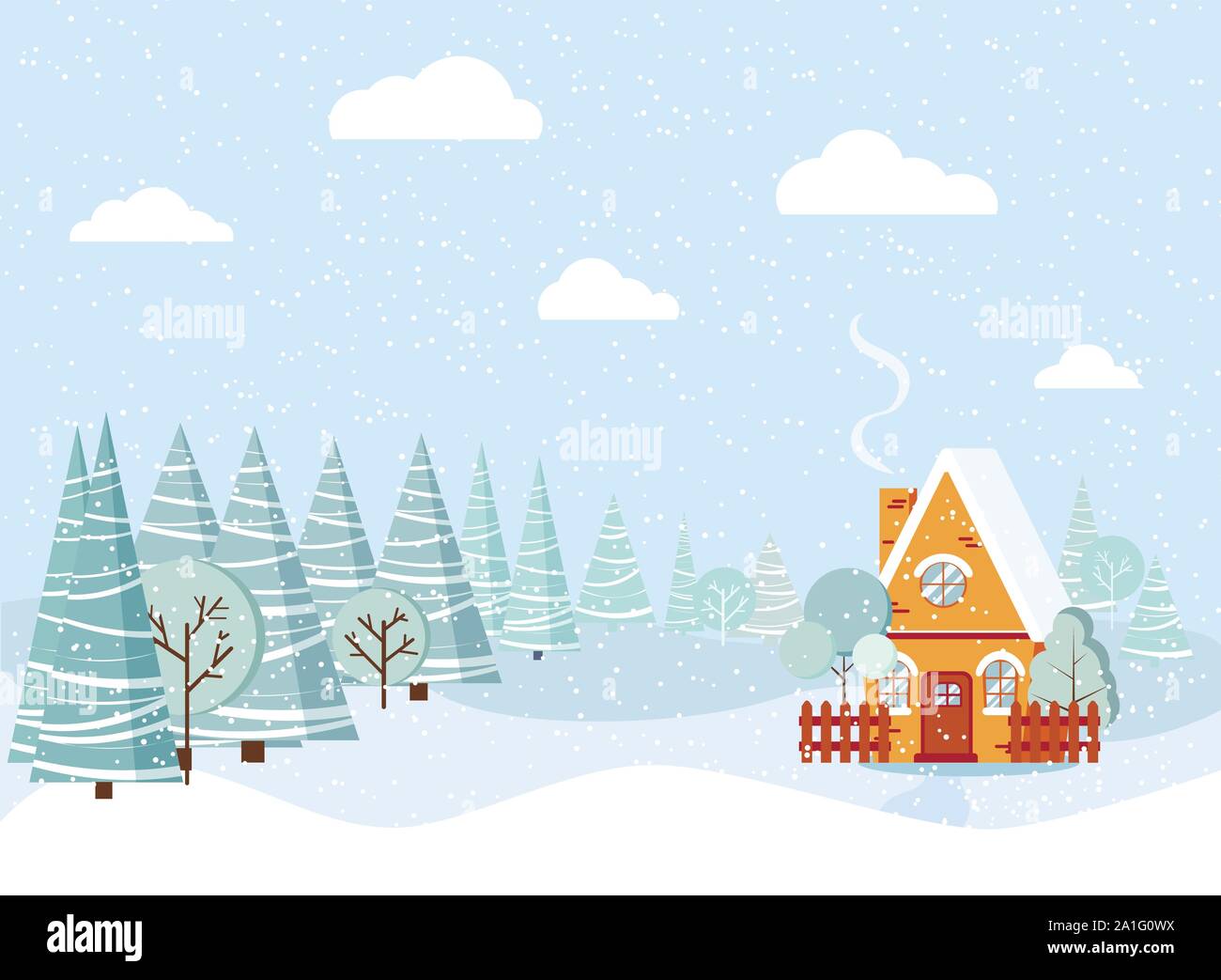 Winter landscape with country house, winter trees, spruces, clouds ...