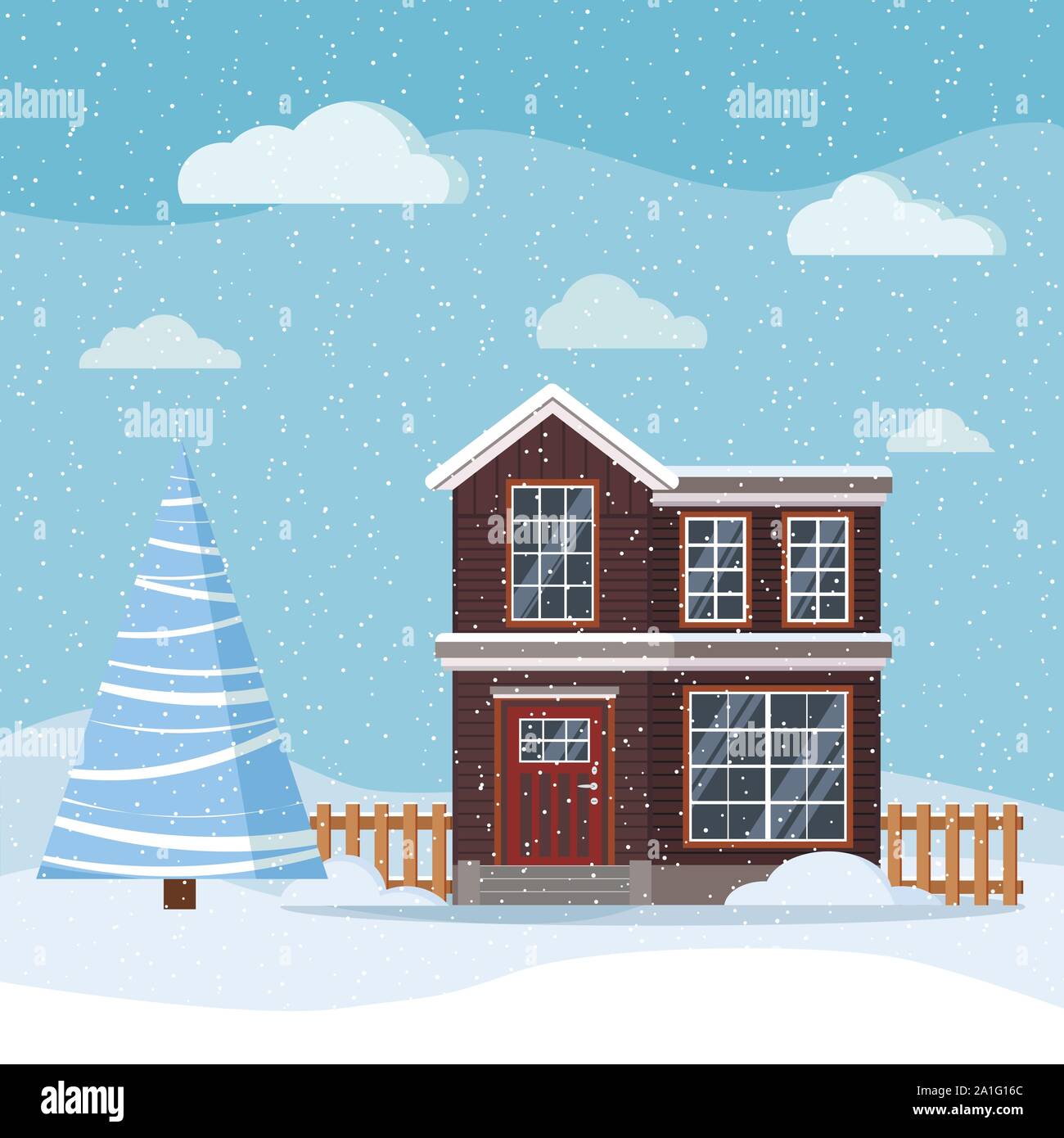 Winter landscape with country house, spruce, clouds, snow in cartoon ...