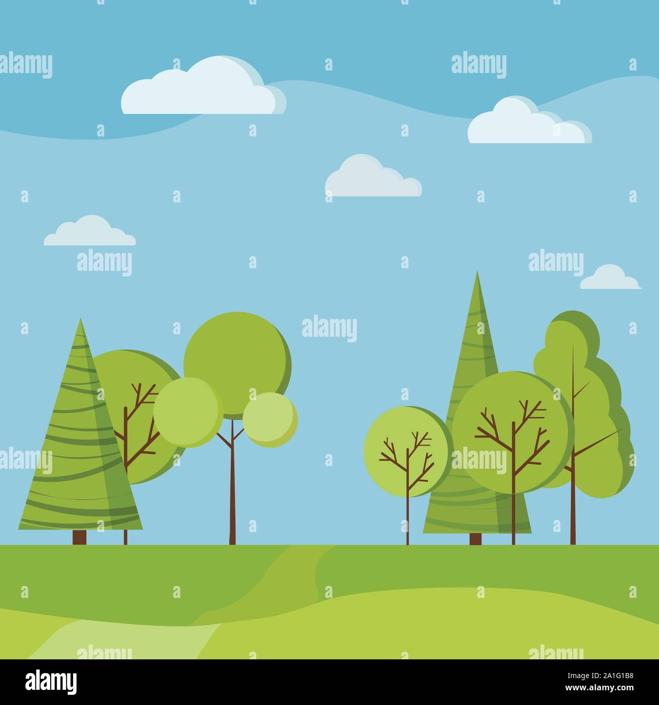 Beautiful summer landscape background with green trees, fields, road ...