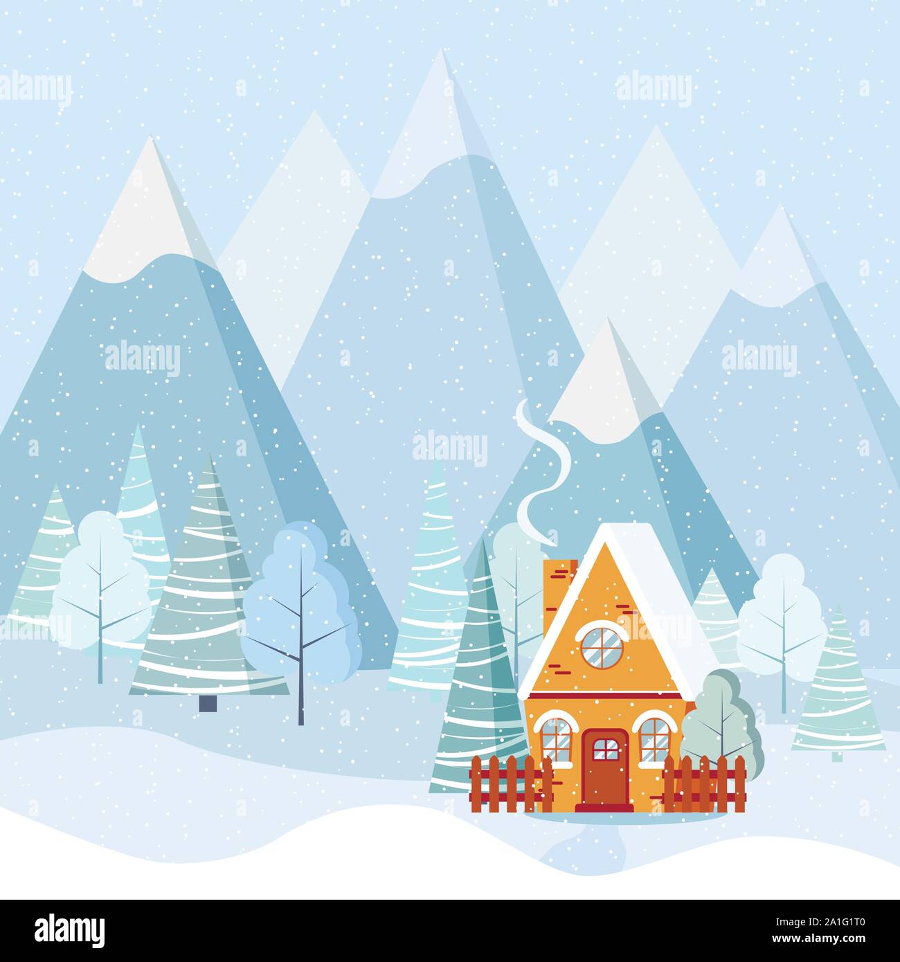 Winter landscape with country house, winter trees, spruces, mountains ...