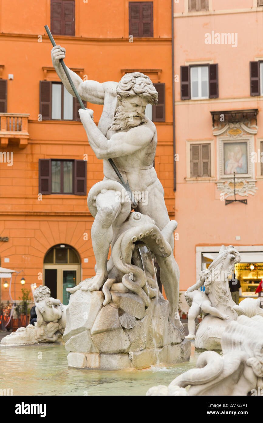 Detail of the Neptune fountain in Piazza Navona, Rome, Italy Stock ...