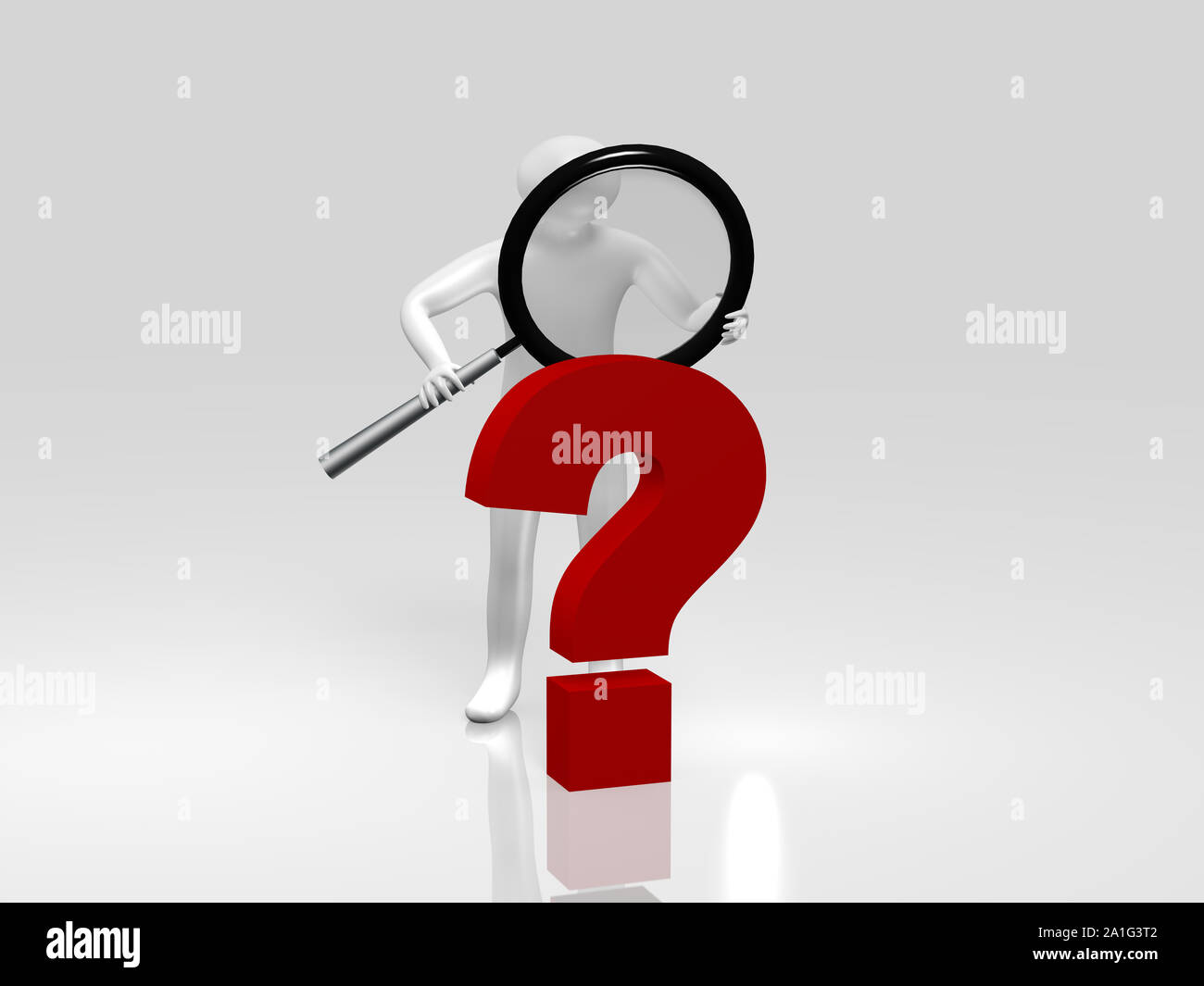 3d male looks through a magnifying glass at a question mark. Isolated ...