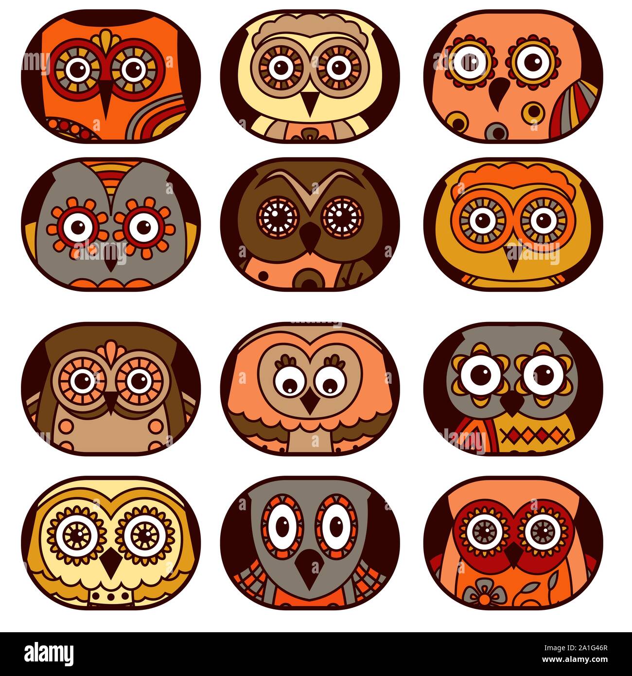 Set of twelve cute owl faces placed in oval and isolated on a white ...