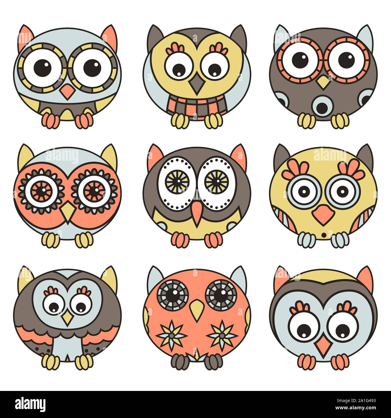 Set of nine funny owls placed in oval forms and isolated on the white ...