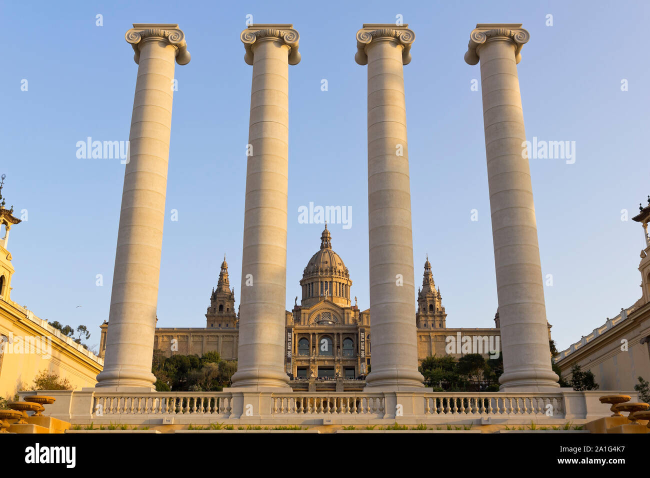 The 4 columns of MNAC and National Palace of Barcelona. Catalonia ...