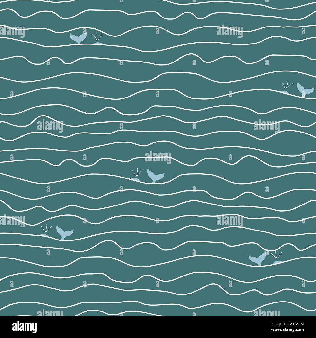 Ocean abstract waves and whales seamless vector pattern. Hand drawn ...
