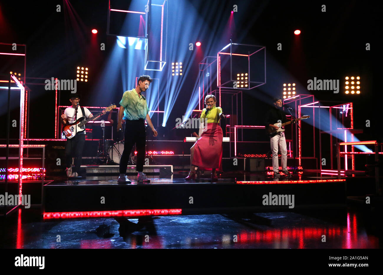 (centre) Anders SG and Stine Bramsen from Alphabeat performing during ...