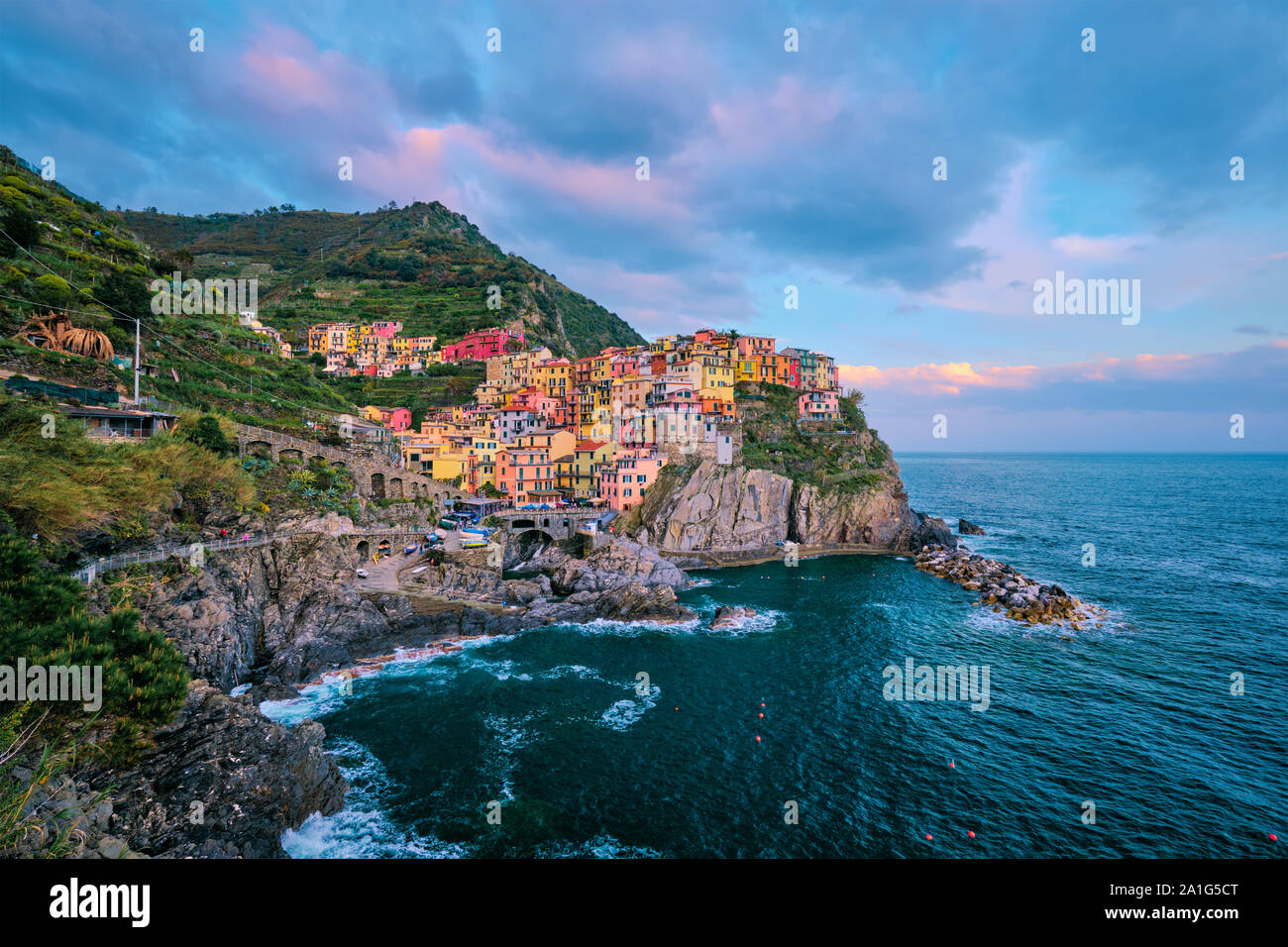 Manarola village on sunset, Cinque Terre, Liguria, Italy Stock Photo ...
