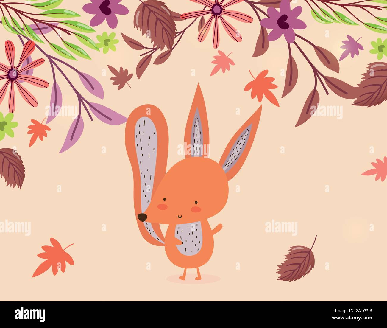cute fox leaves foliage hello autumn vector illustration Stock Vector ...