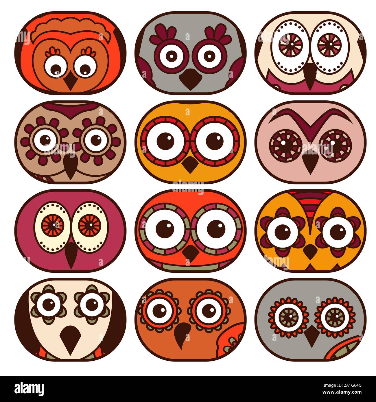 Set of twelve owl faces placed in oval forms and isolated on the white ...