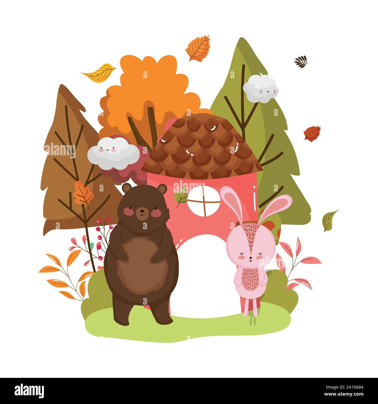 cute bear and rabbit house cartoon forest foliage hello autumn vector ...