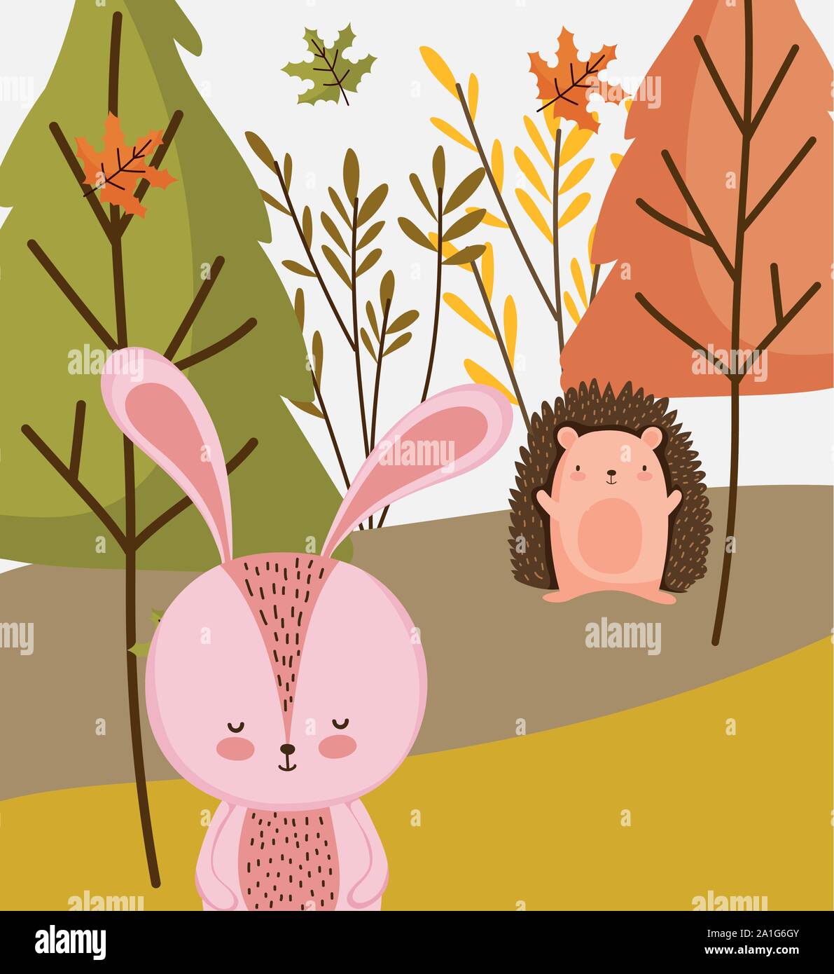 cute hedgehog and rabbit leaves foliage animal hello autumn vector ...