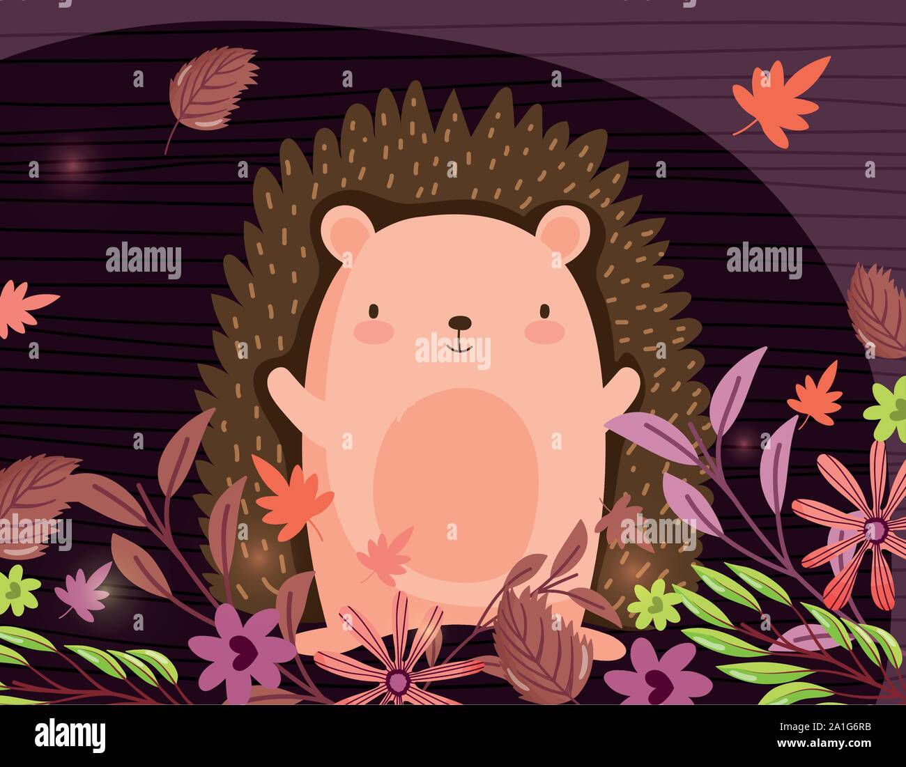 cute hedgehog leaves foliage wooden background hello autumn vector ...