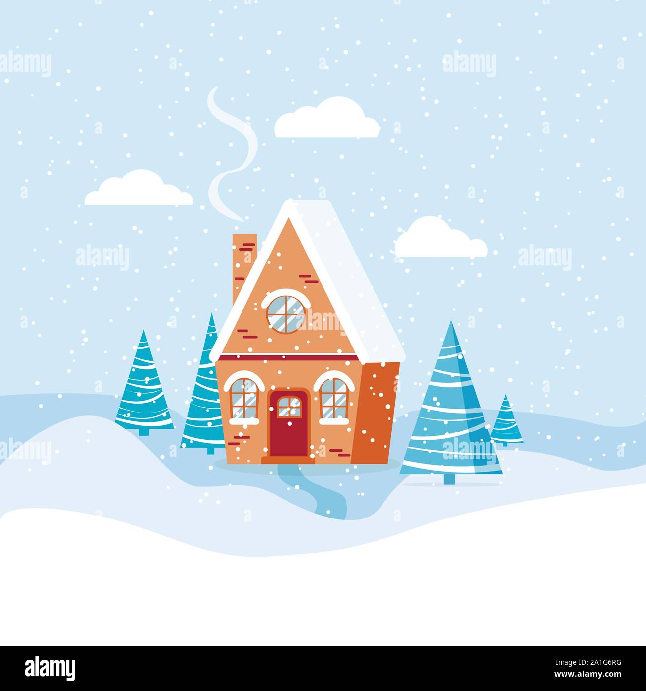 Winter landscape with country house, spruces, clouds, snow in cartoon ...