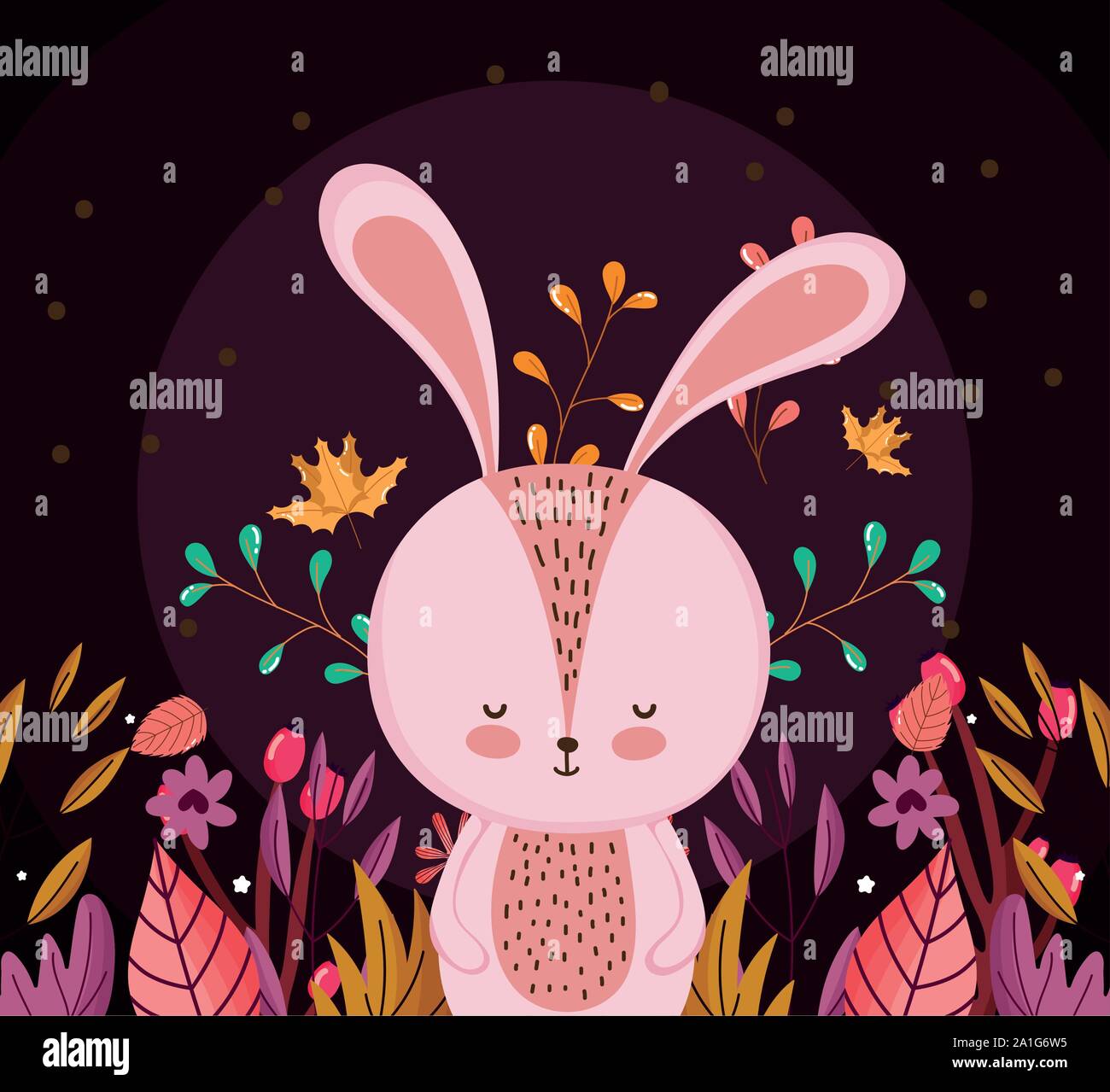 cute rabbit cartoon leaves botanical foliage hello autumn vector ...