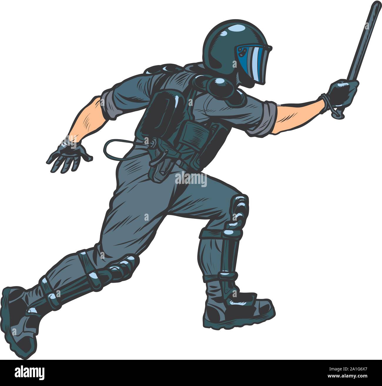 riot policeman attacks with a baton. police work. authoritarian and ...