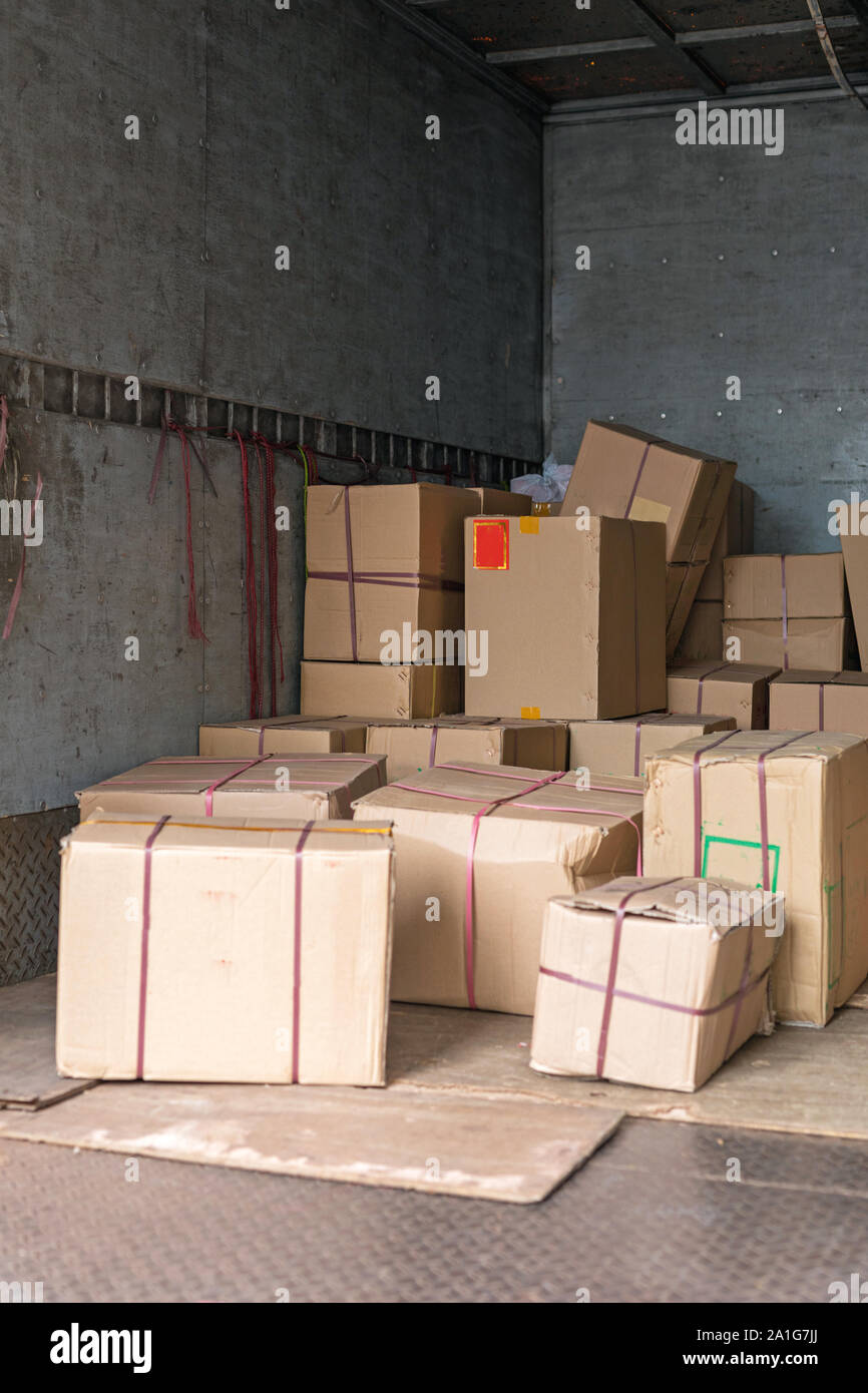 Boxes of Cargo Goods Delivery Shipping in Truck Stock Photo - Alamy