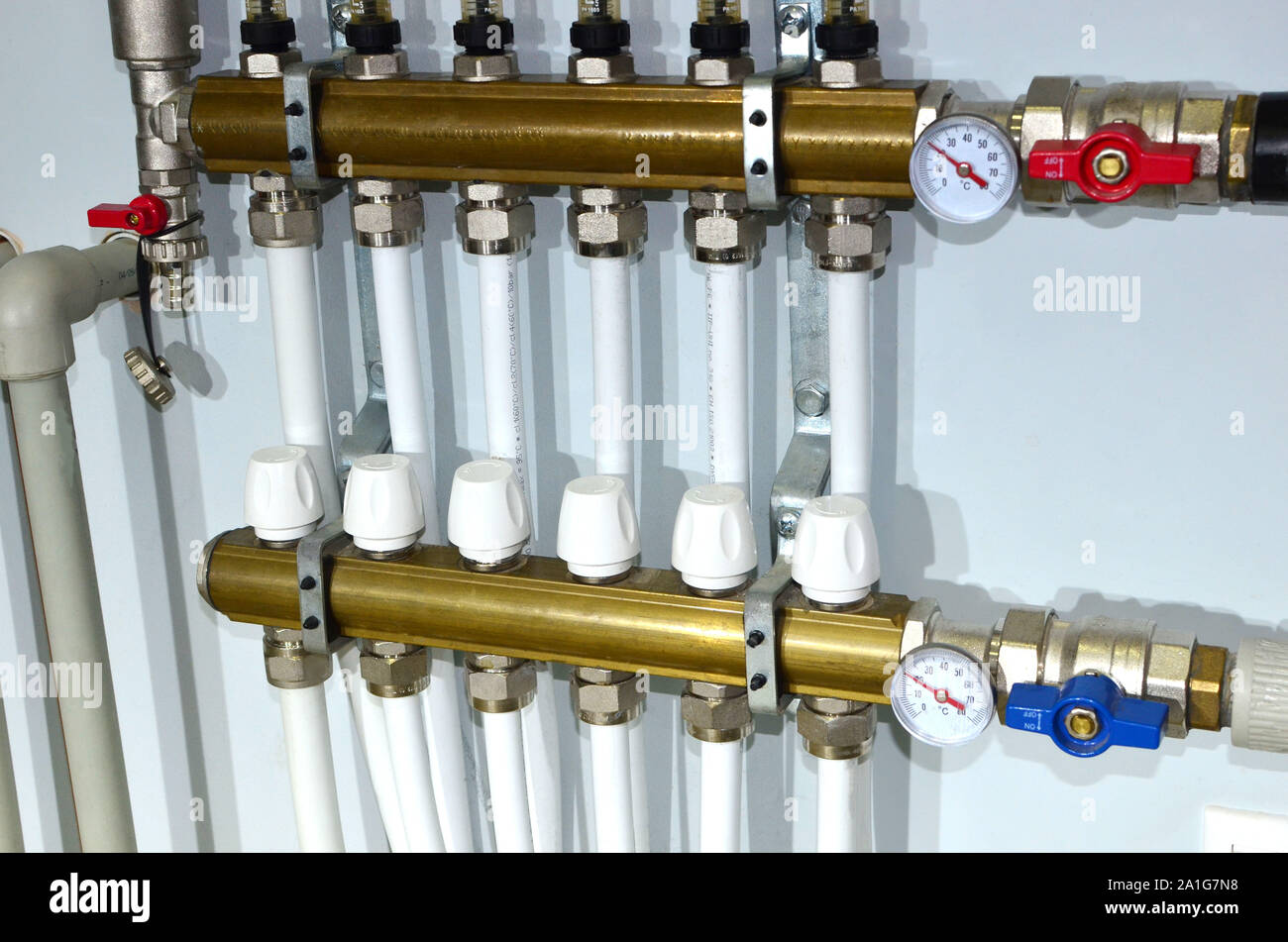 Pump with a thermometer for a water underfloor heating system at home ...