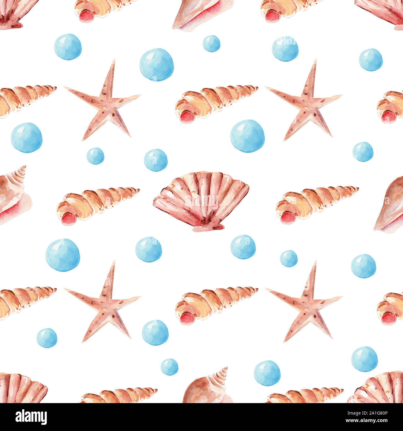 Marine pearls, seashell and starfish seamless watercolor raster pattern ...
