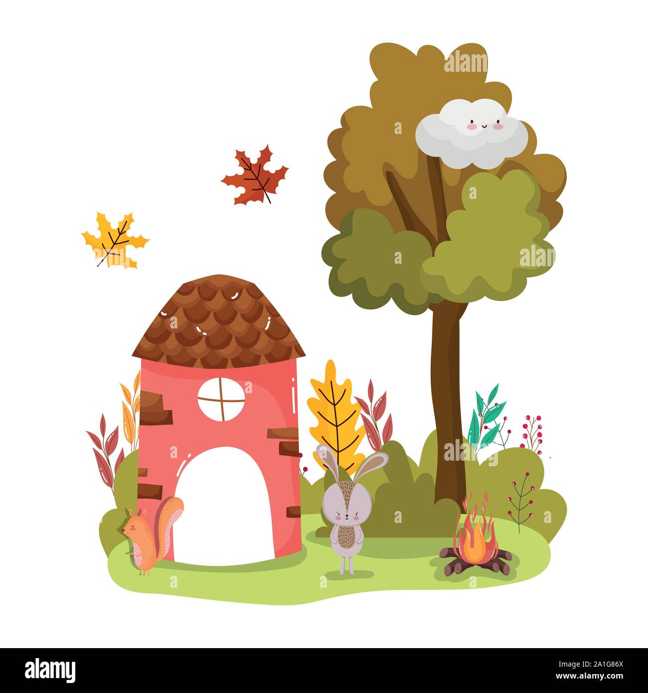 cute house rabbit squirrel tree campfire hello autumn vector ...