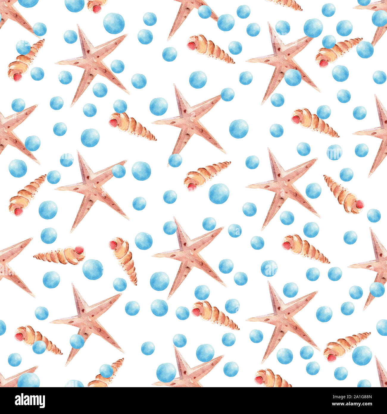 Tropical pearls and starfish seamless watercolor raster pattern ...
