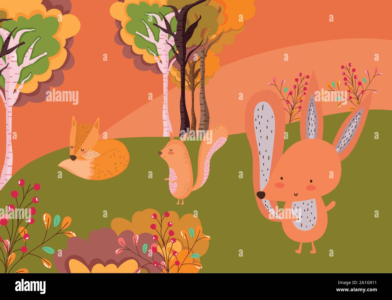 cute fox and squirrel forest tree foliage hello autumn vector ...