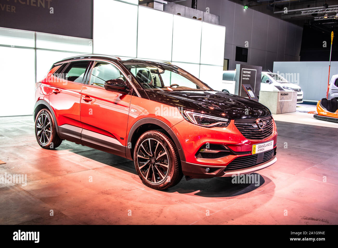 Frankfurt, Germany, Sep 10, 2019: metallic red OPEL Grandland X Hybrid4 ...