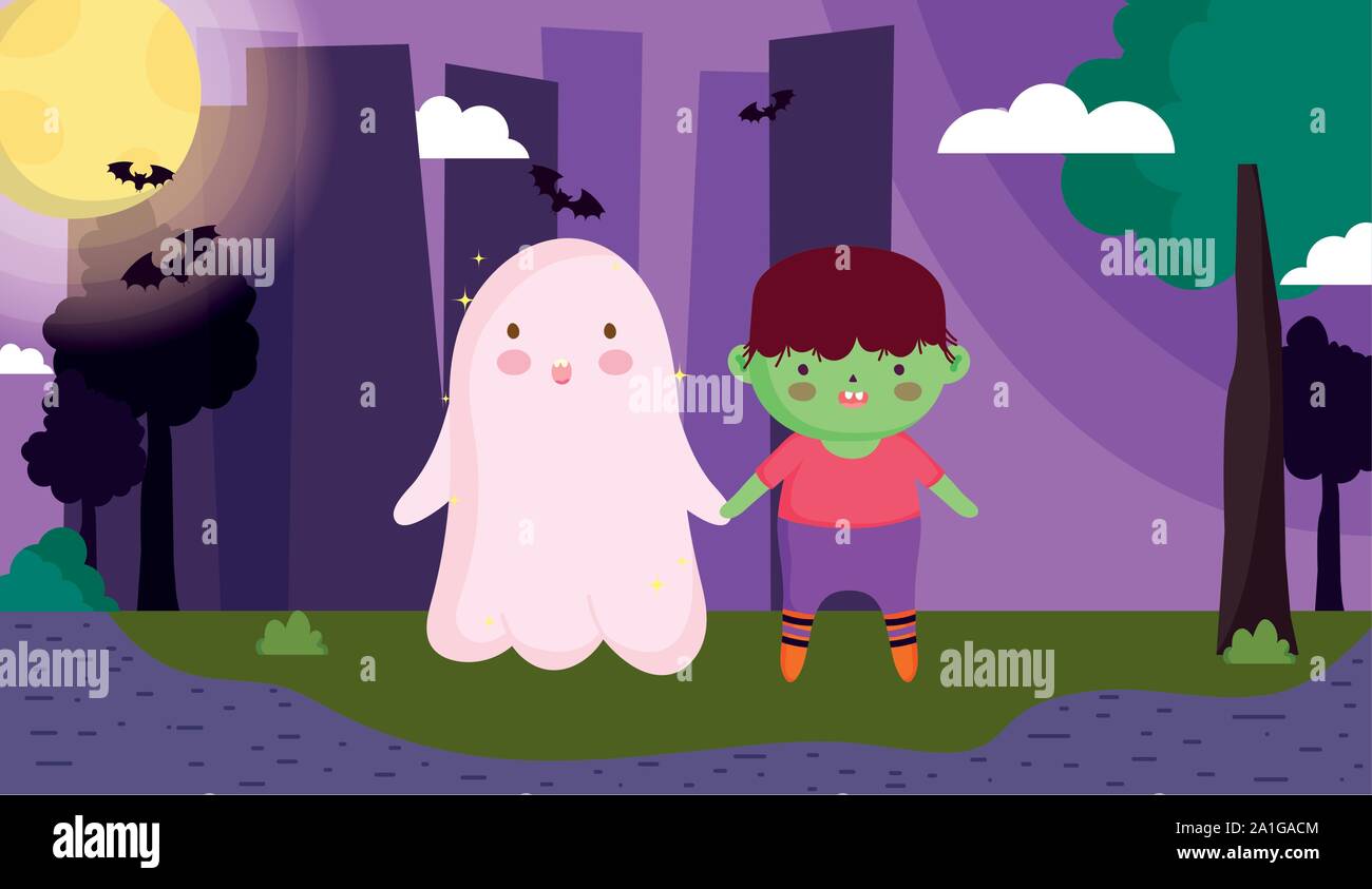 monster boy and ghost costume halloween vector illustration Stock ...