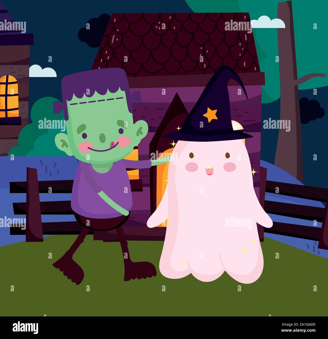 frankenstein and ghost with hat costume halloween vector illustration ...