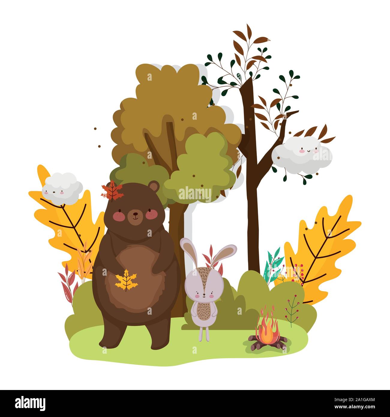cute bear rabbit campfire forest foliage hello autumn vector ...