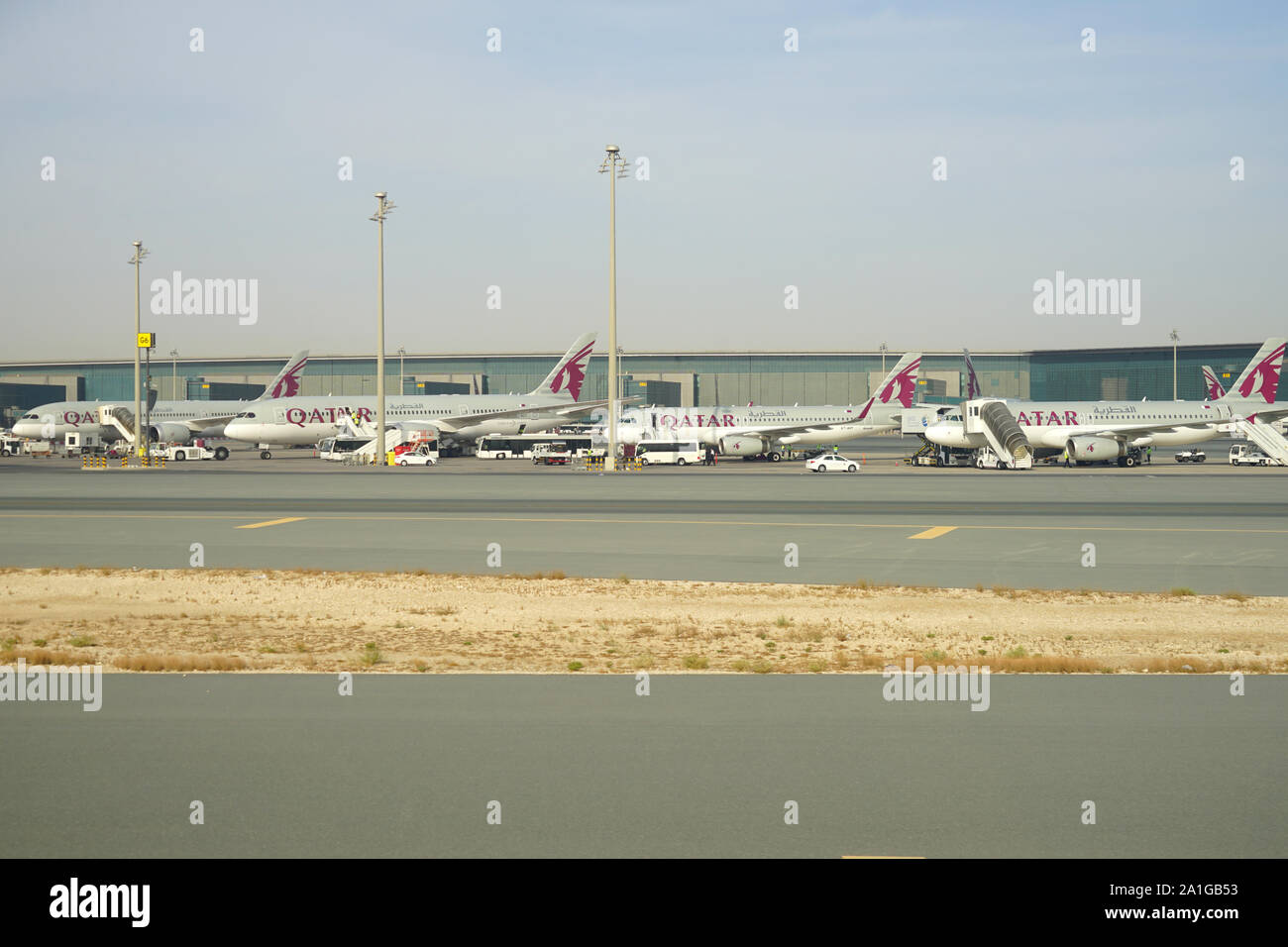 DOHA, QATAR -17 JUN 2019- View of airplanes from Qatar Airways (QR) at ...