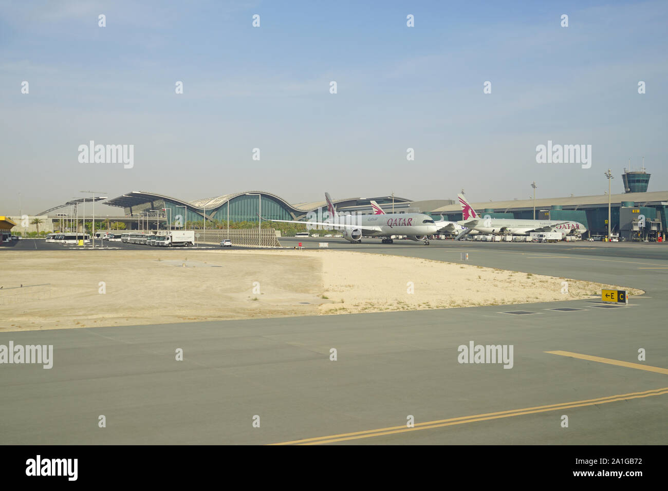 DOHA, QATAR -17 JUN 2019- View of airplanes from Qatar Airways (QR) at ...
