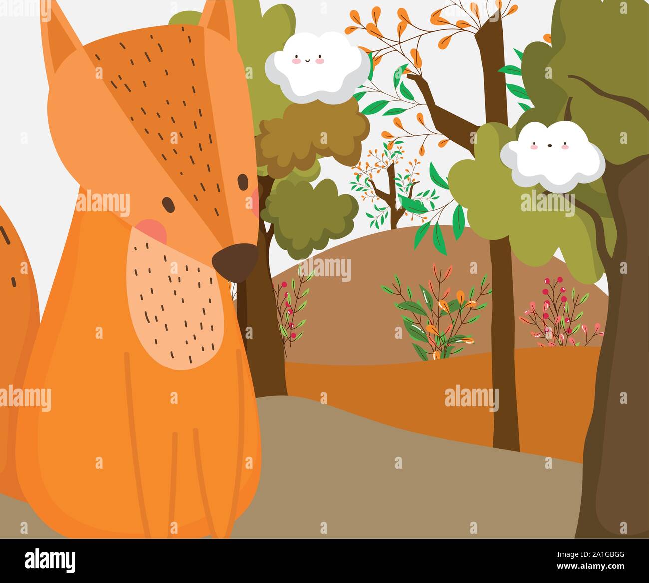 cute fox clouds trees foliage hello autumn vector illustration Stock ...