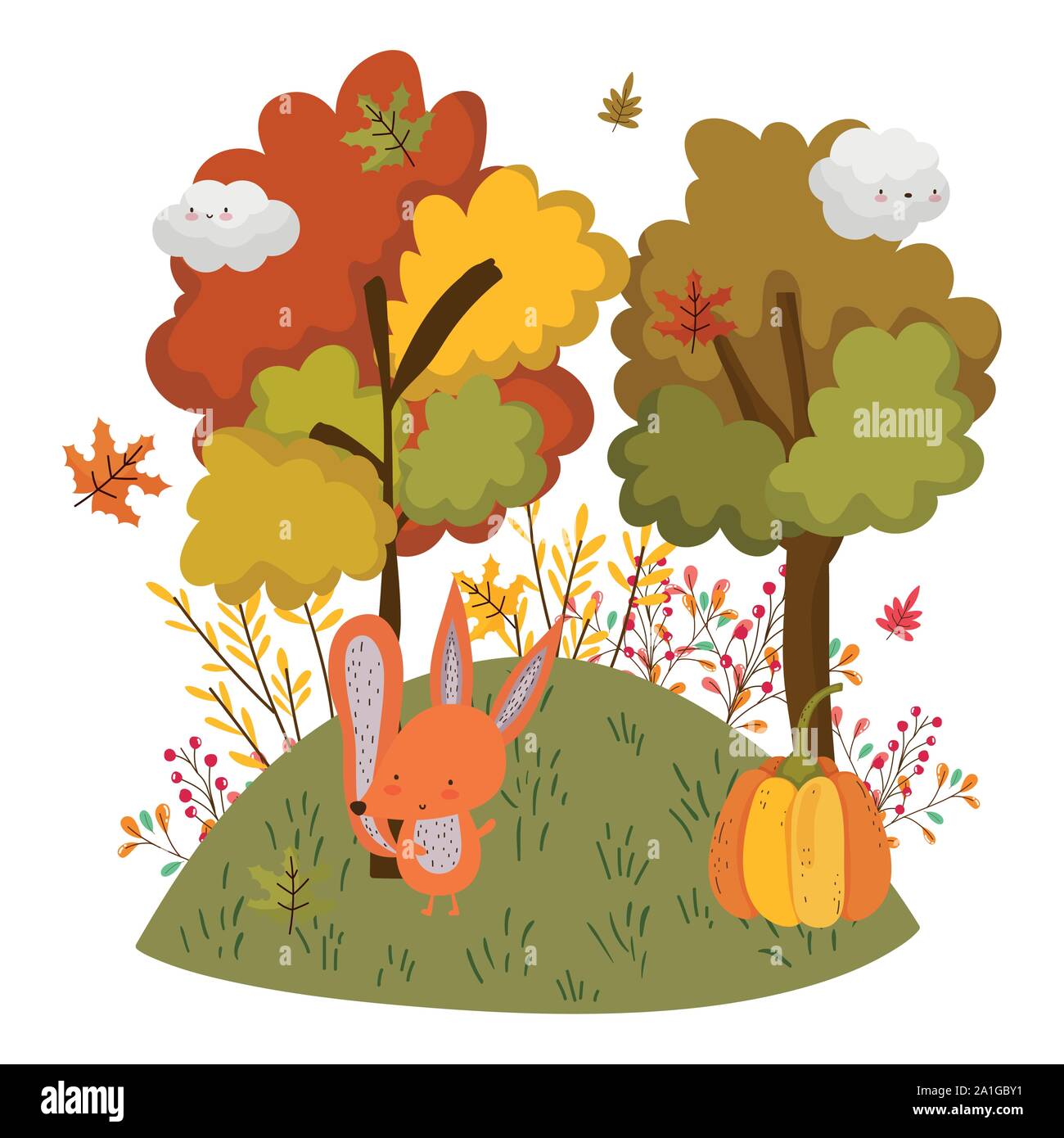 cute fox and pumpkin trees foliage hello autumn vector illustration ...