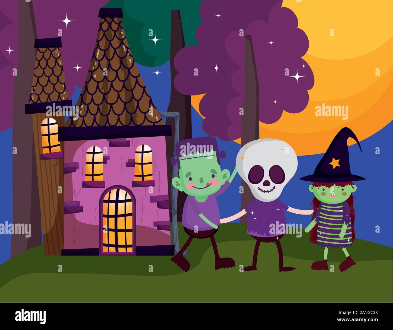 frankenstein skeleton and witch costume halloween vector illustration ...