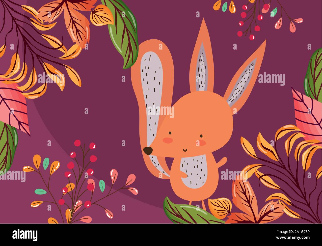 cute fox seeds leaves foliage hello autumn vector illustration Stock ...