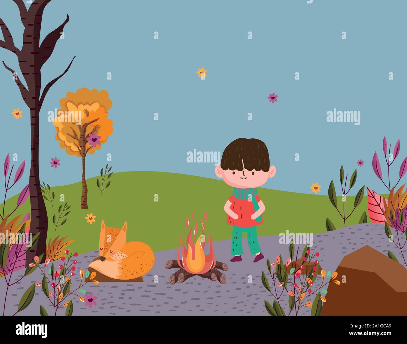 cute boy with fox campfire foliage hello autumn design vector ...