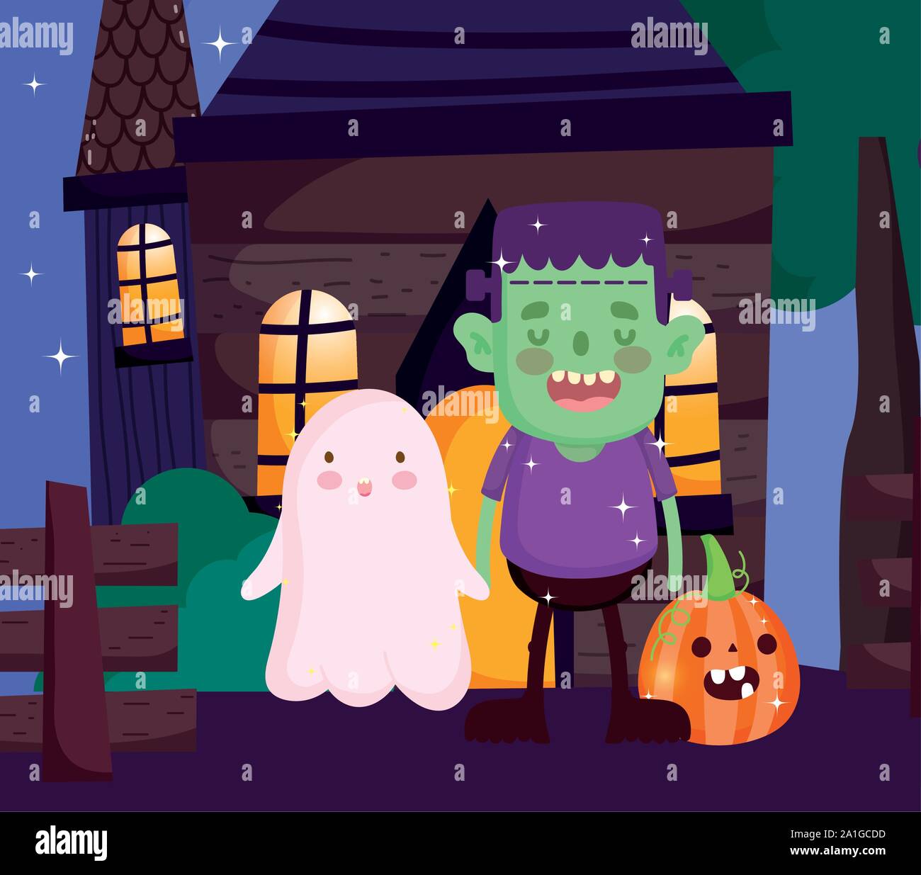 frankenstein costume ghost pumpkin halloween vector illustration Stock ...