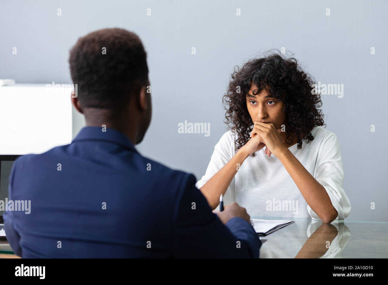 Stressed Young Business Woman Failing Hard Interview In Office Stock ...