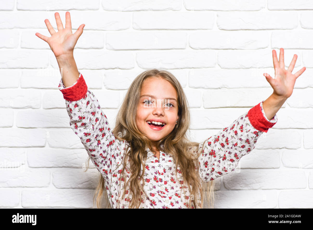 Hello everyone. Happy girl smiling face. Happy childhood. Emotional ...