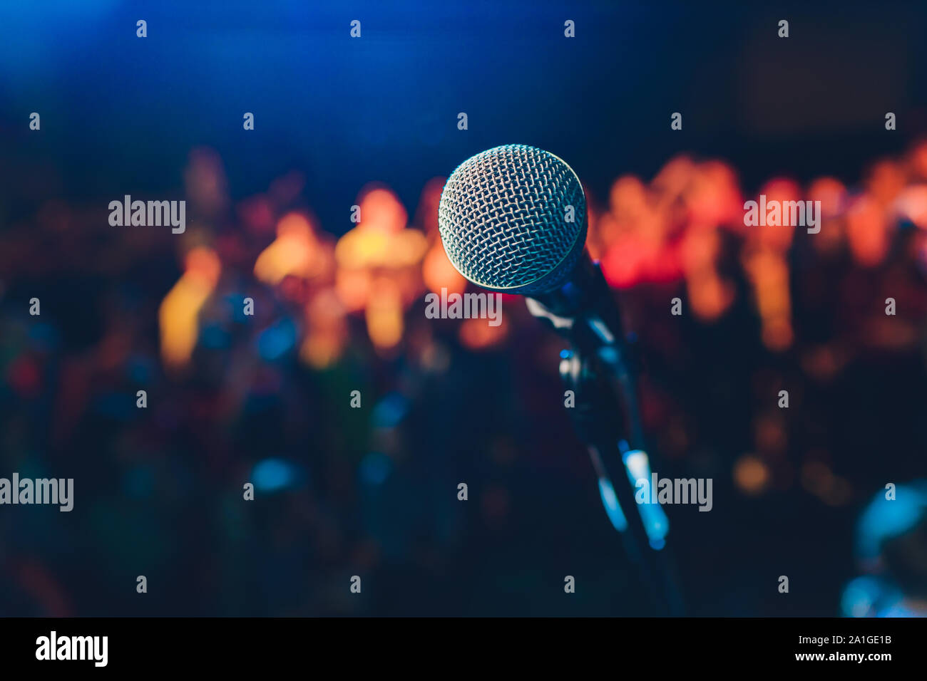 Close up of microphone in concert hall or conference room Stock Photo ...